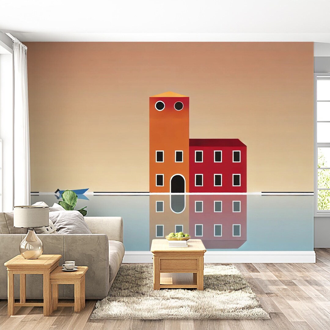 Modern Mediterranean Sunset Wall Mural Minimalist Coastal House ...