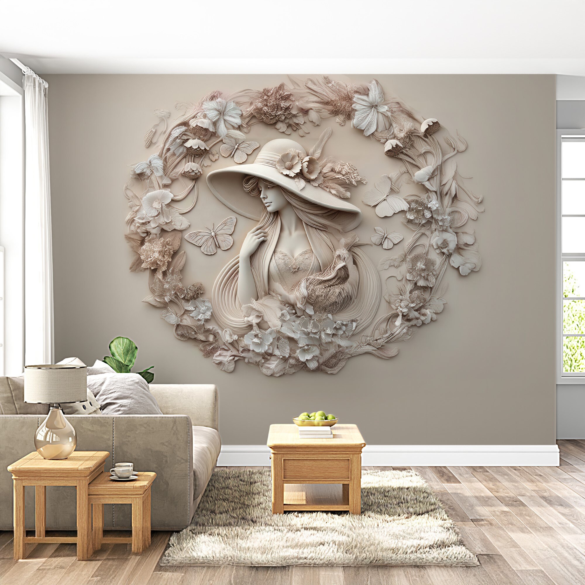 Sculpted Woman Relief Wall Mural - 3D Floral Wreath & Butterfly Art ...