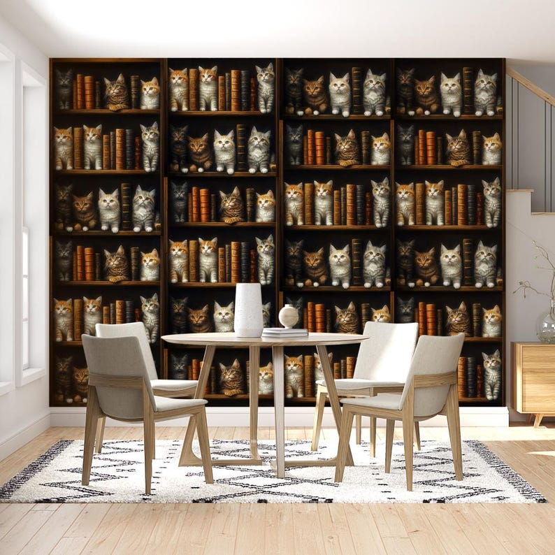 Bookcase Cats Mural Adorable Feline Library Wall Art for Cat Lovers - Etsy