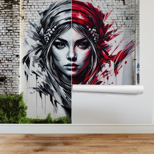 Urban Graffiti Wall Mural Fierce Red and White Portrait - Etsy