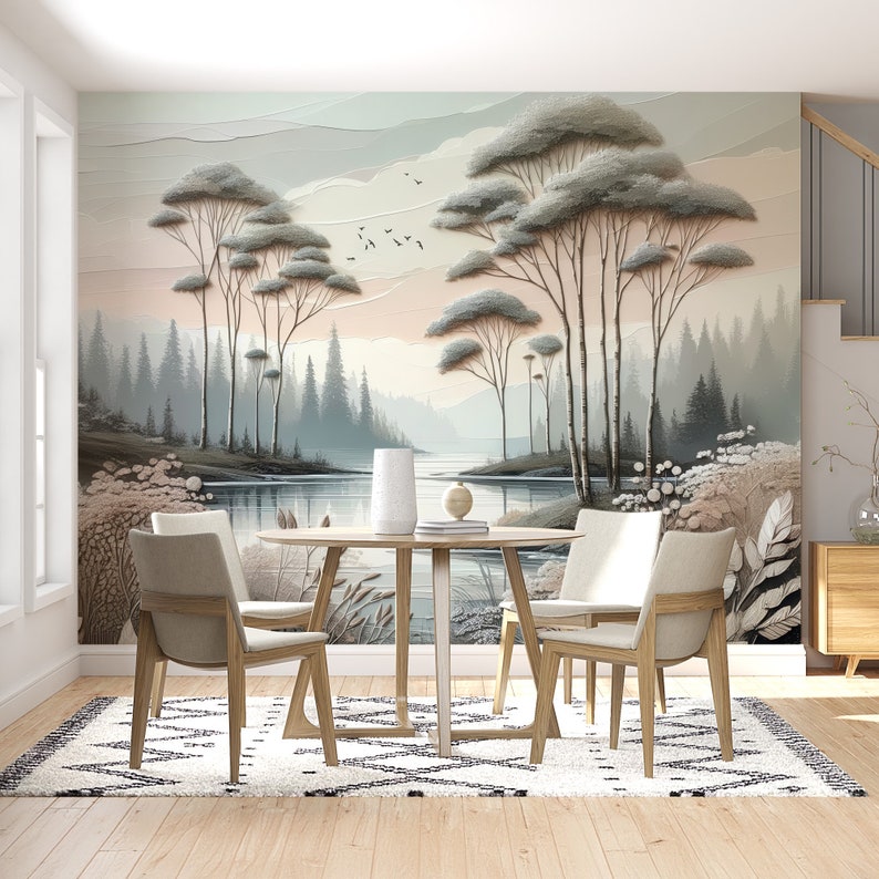 Serene Lake Landscape Mural - Stylized Tree Reflection Wallpaper - Calm ...