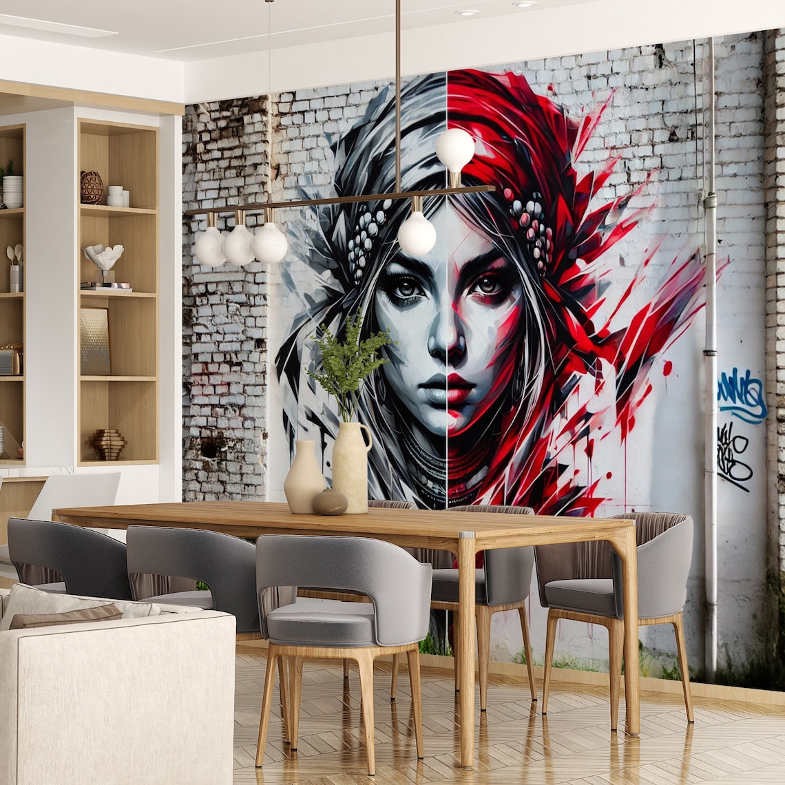 Urban Graffiti Wall Mural Fierce Red and White Portrait - Etsy