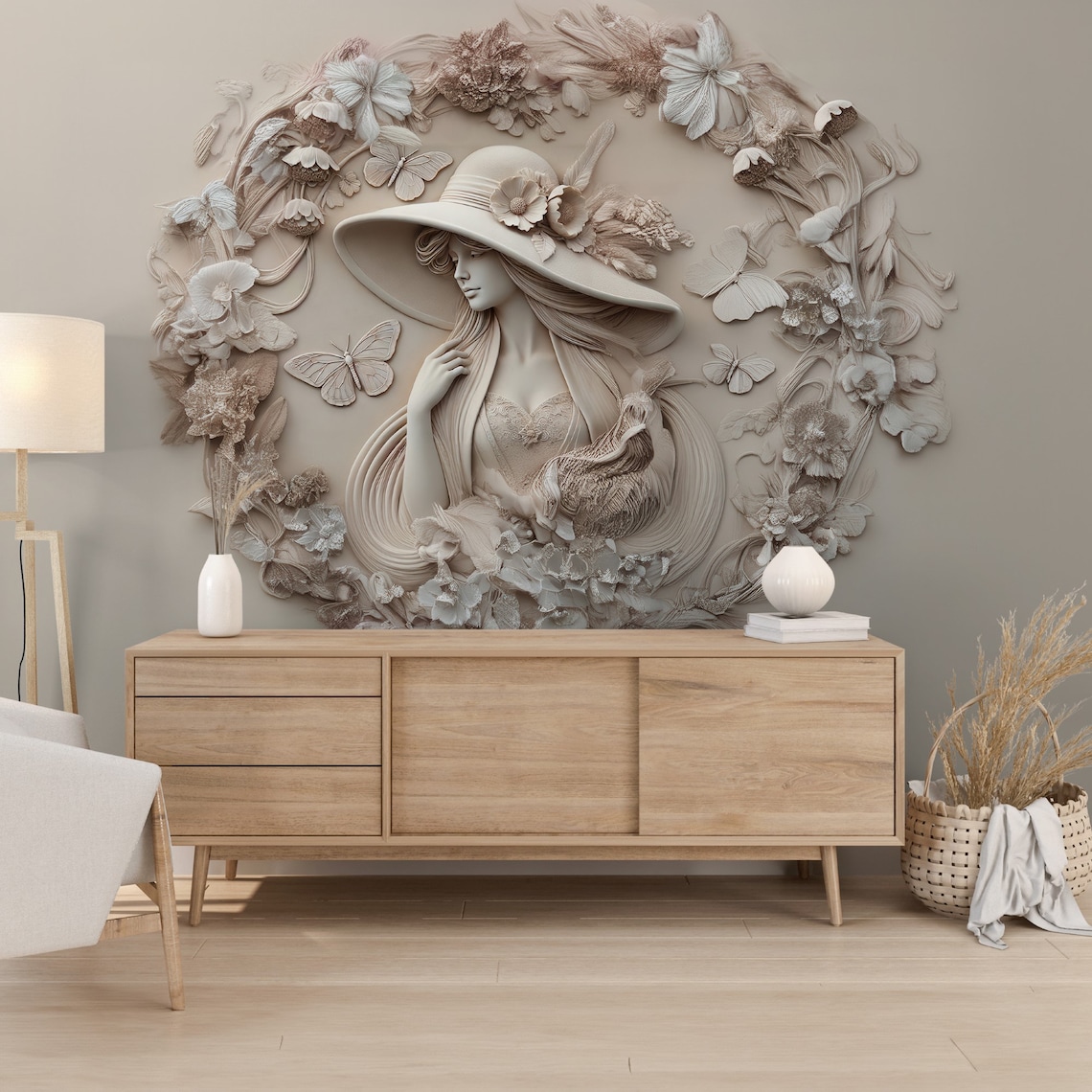 Sculpted Woman Relief Wall Mural - 3D Floral Wreath & Butterfly Art ...