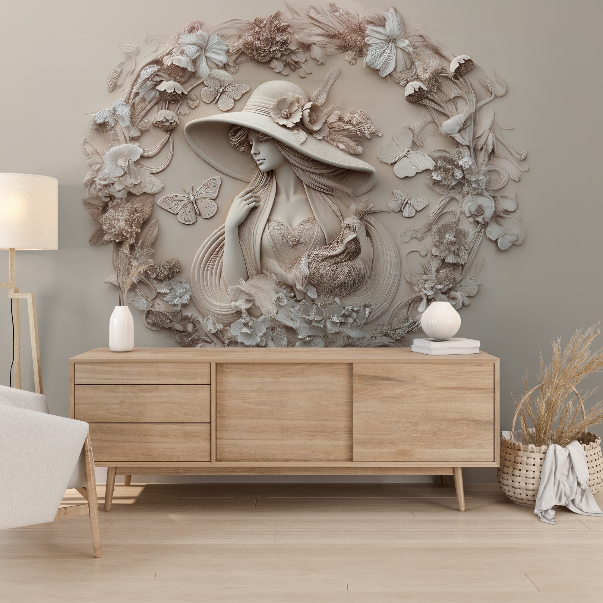 Sculpted Woman Relief Wall Mural - 3D Floral Wreath & Butterfly Art ...