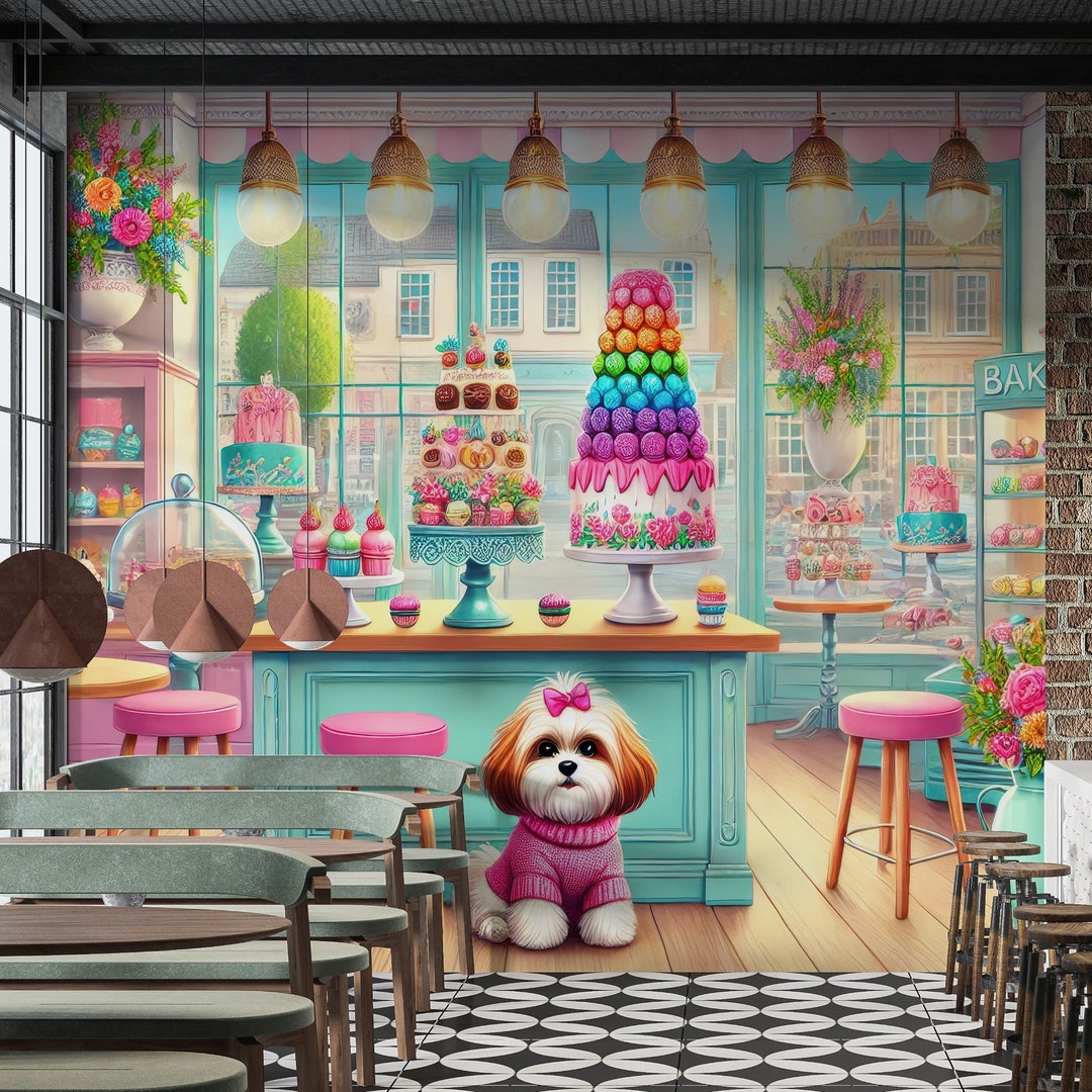 Whimsical Bakery Wall Mural - Cute Dog in Colorful Patisserie Wallpaper ...