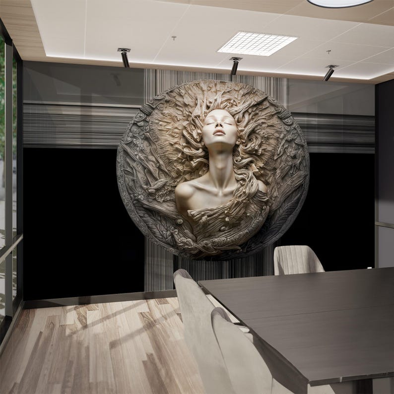 Sculpted Woman Bust Relief Mural - 3D Flowing Hair Fantasy Art ...