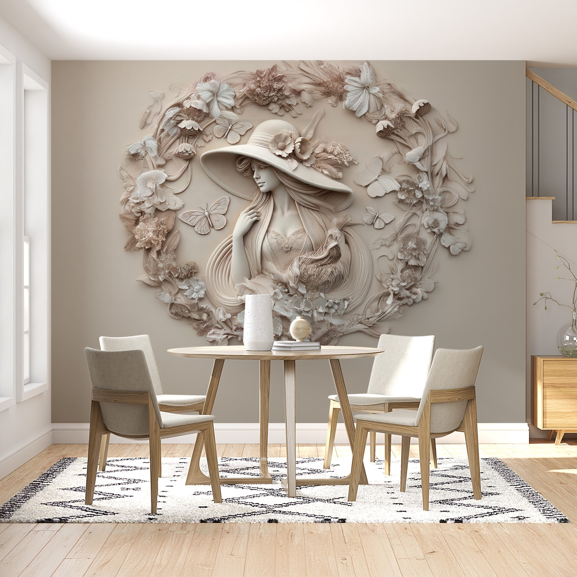 Sculpted Woman Relief Wall Mural - 3D Floral Wreath & Butterfly Art ...