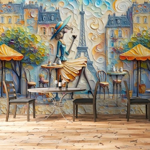 Whimsical Parisian Cafe Wall Mural - Artistic Eiffel Tower Scene ...