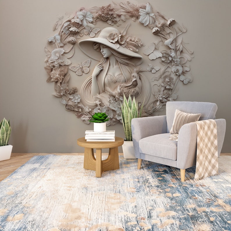 Sculpted Woman Relief Wall Mural - 3D Floral Wreath & Butterfly Art ...