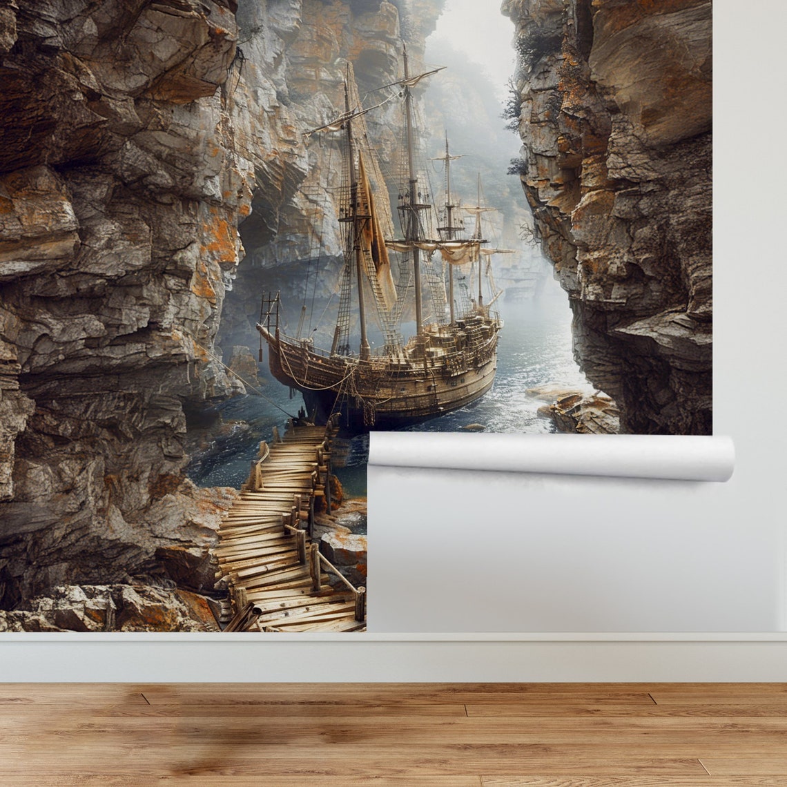 Fantasy Ship in Rocky Cove Mural - Epic Sailing Boat Canyon Wallpaper ...