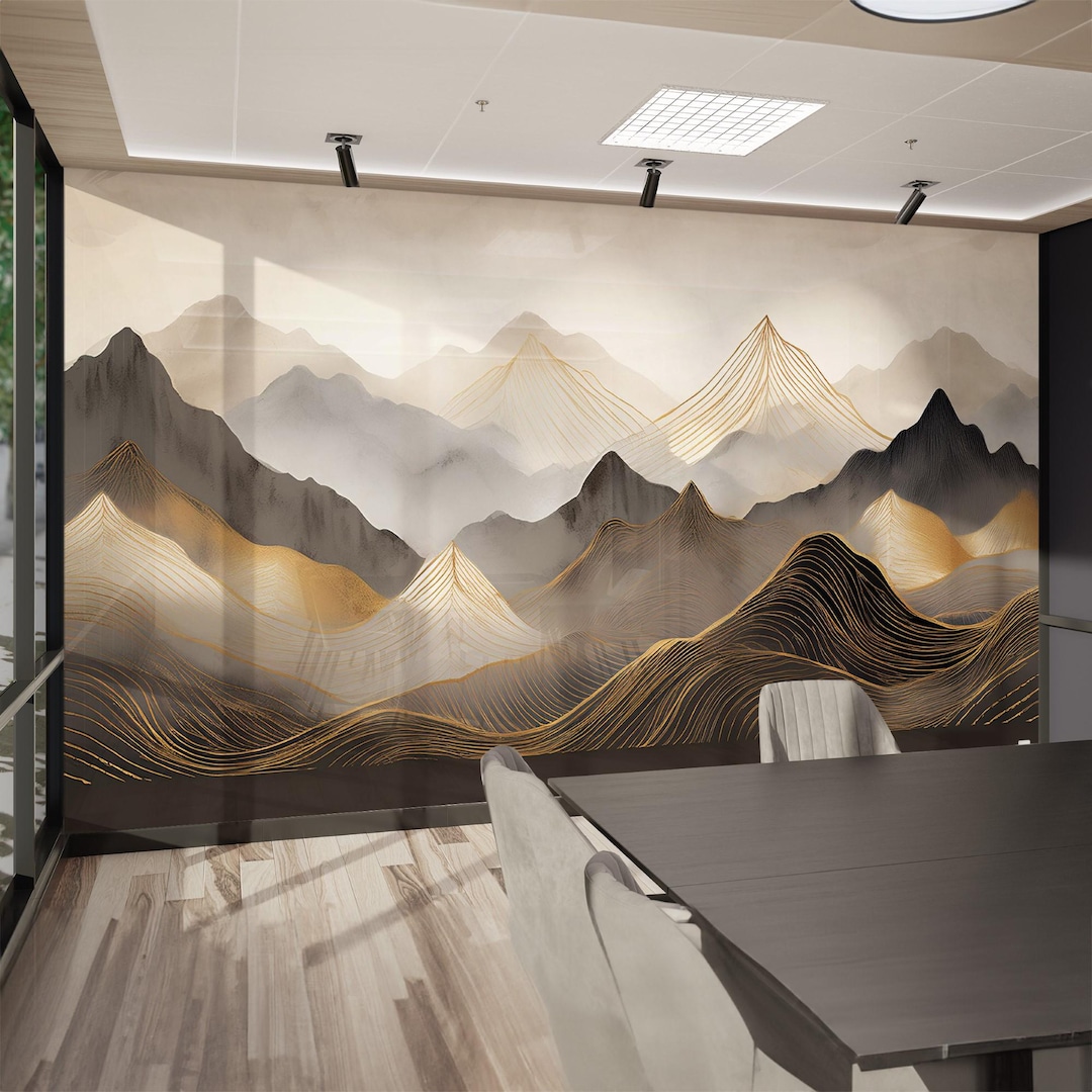 Abstract Mountain Mural - Modern Gold Line Wallpaper - Minimalist ...