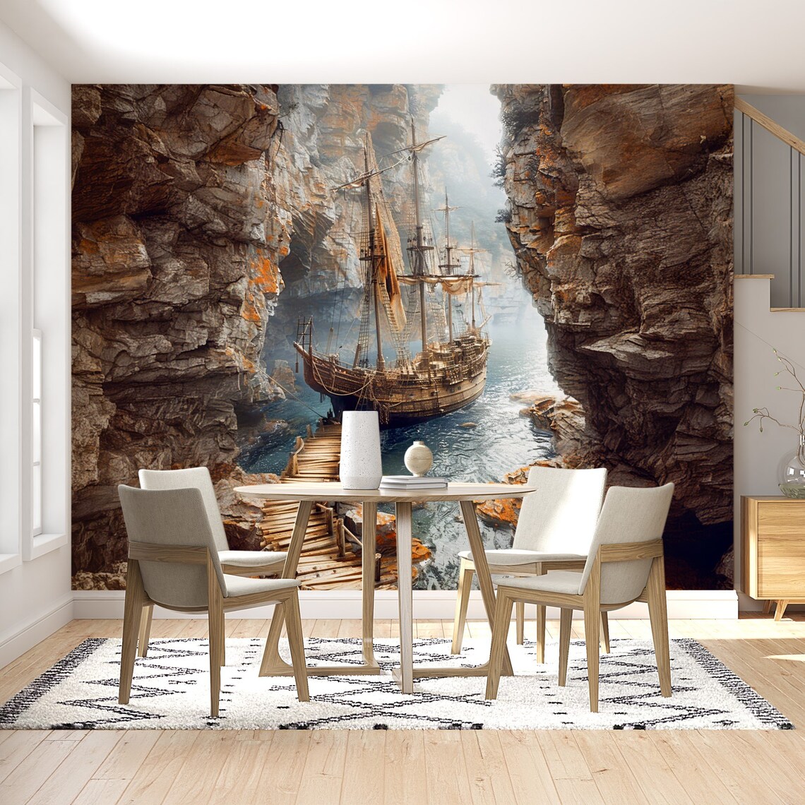 Fantasy Ship in Rocky Cove Mural - Epic Sailing Boat Canyon Wallpaper ...