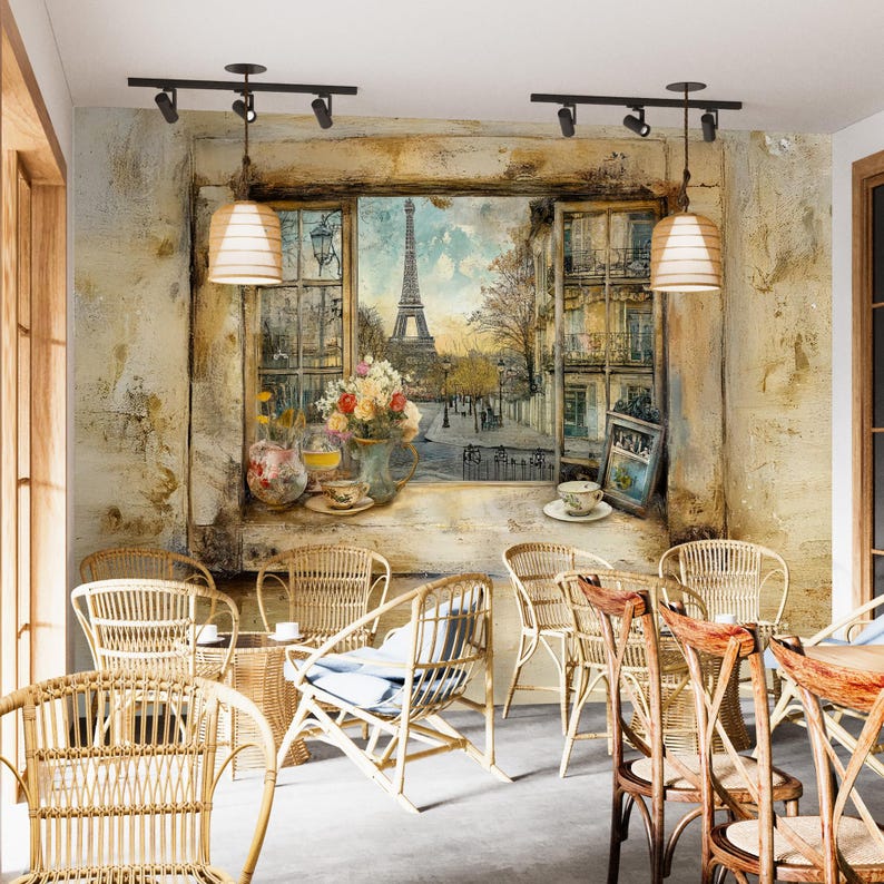 Paris Window View Wall Mural - Trompe Loeil Eiffel Tower Scene ...