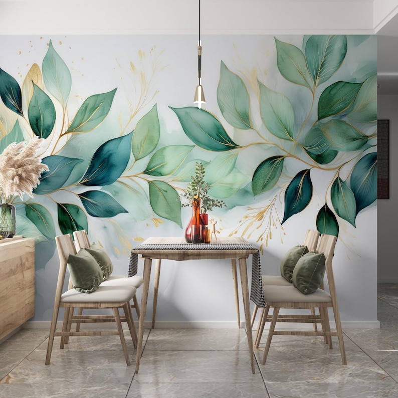 Watercolor Botanical Leaves Mural - Green & Gold Accent Wallpaper ...
