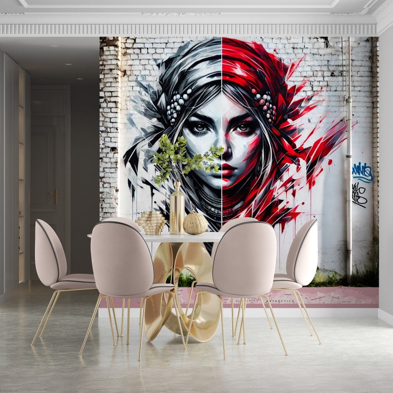 Urban Graffiti Wall Mural Fierce Red and White Portrait - Etsy