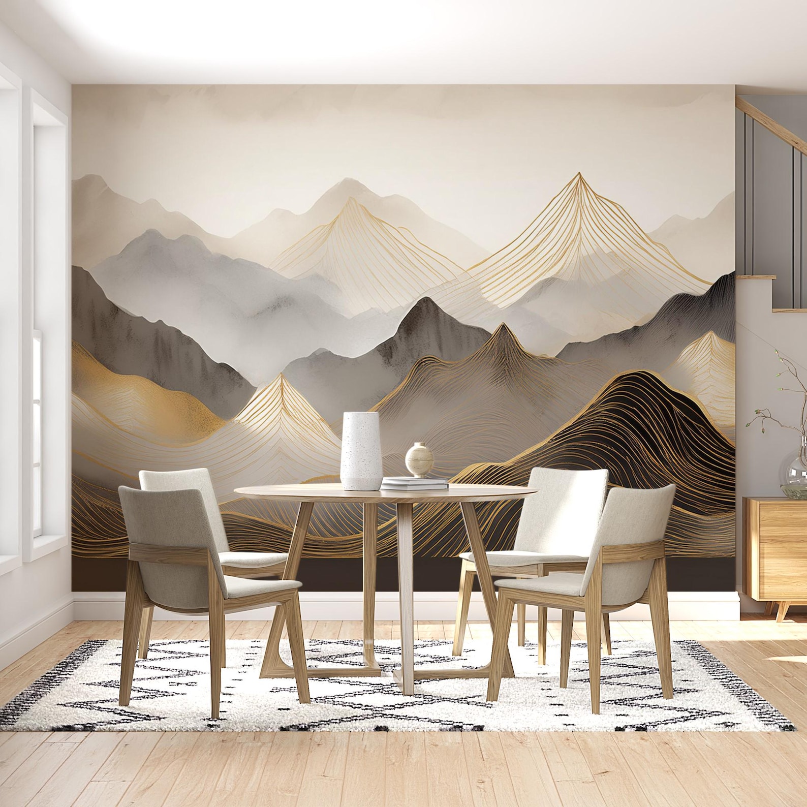 Abstract Mountain Mural - Modern Gold Line Wallpaper - Minimalist ...