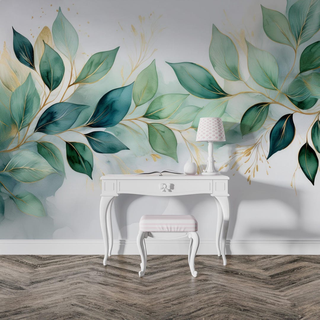 Watercolor Botanical Leaves Mural - Green & Gold Accent Wallpaper ...