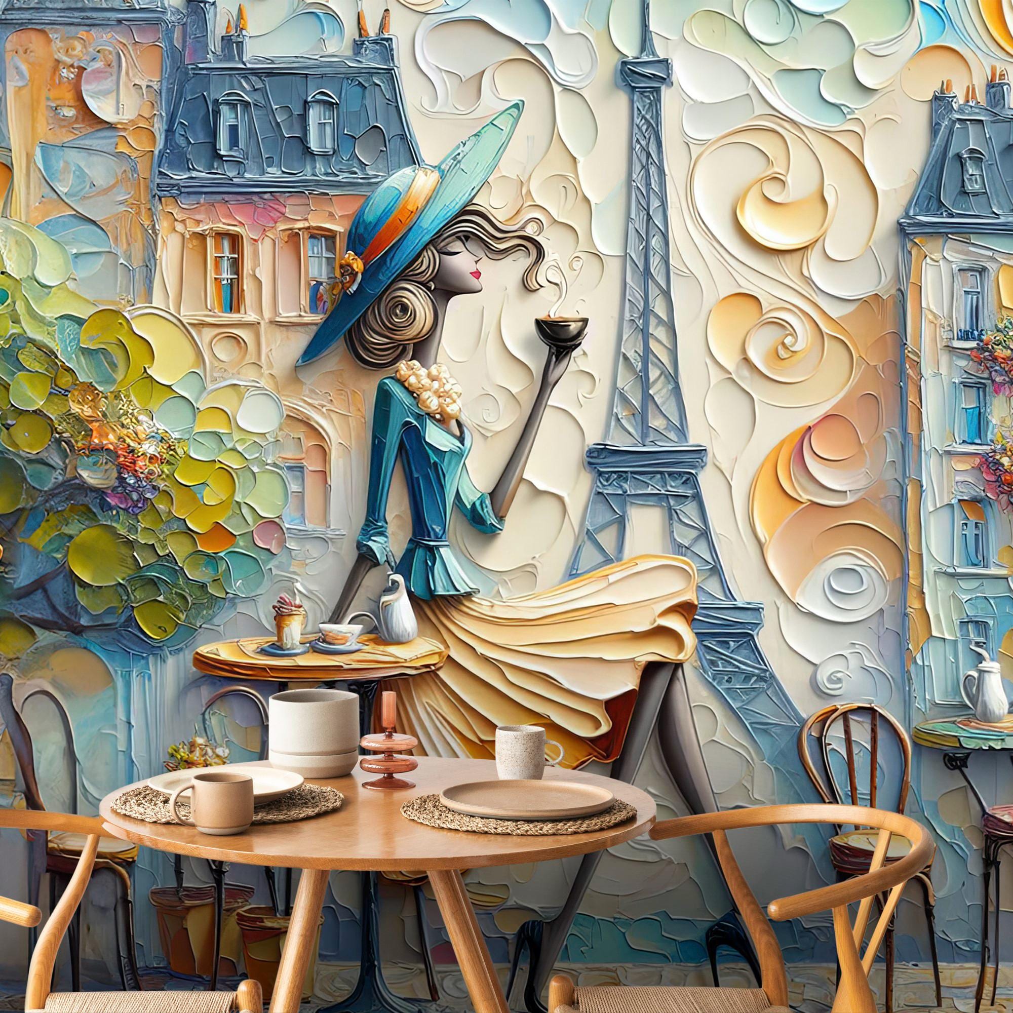 Whimsical Parisian Cafe Wall Mural - Artistic Eiffel Tower Scene ...