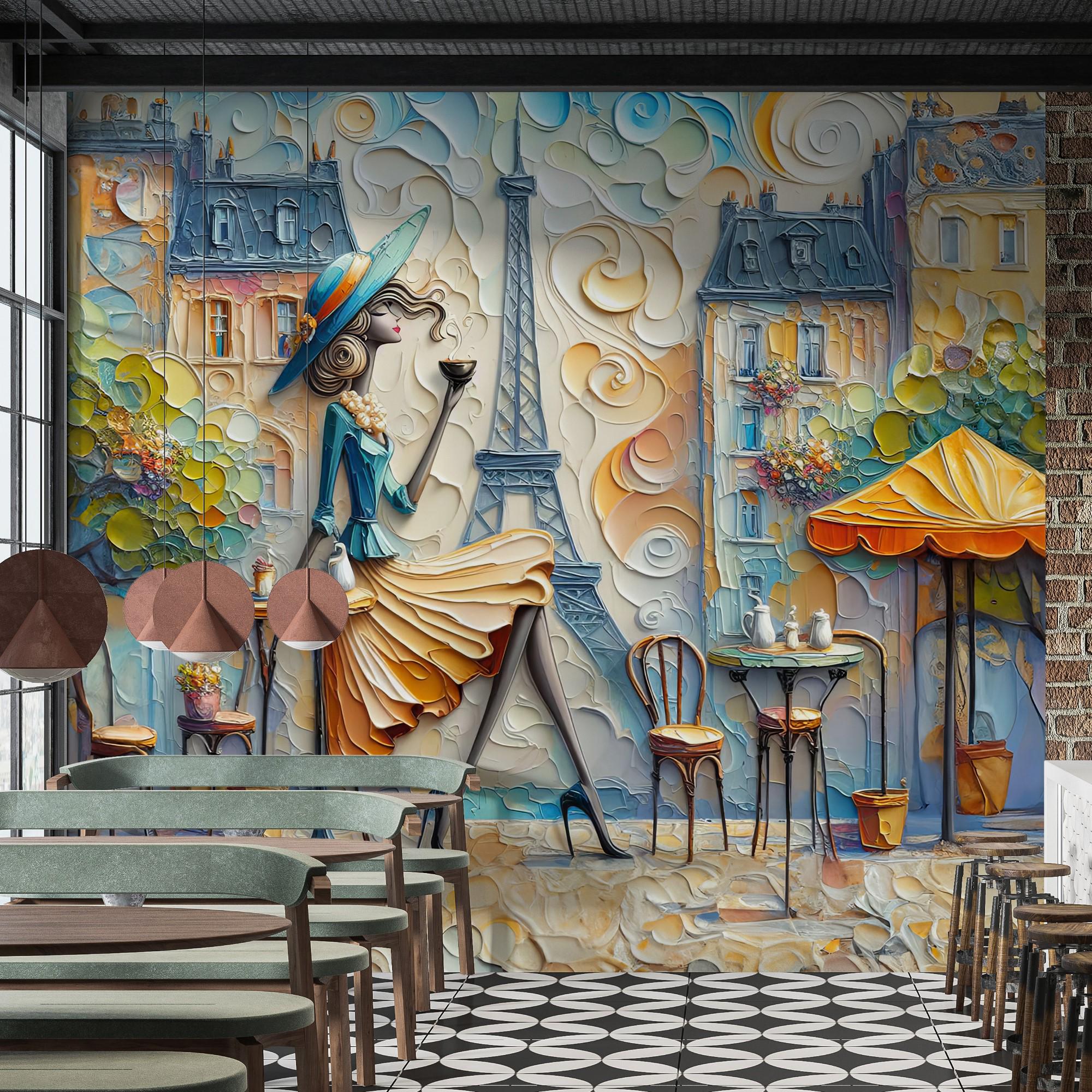 Whimsical Parisian Cafe Wall Mural - Artistic Eiffel Tower Scene ...