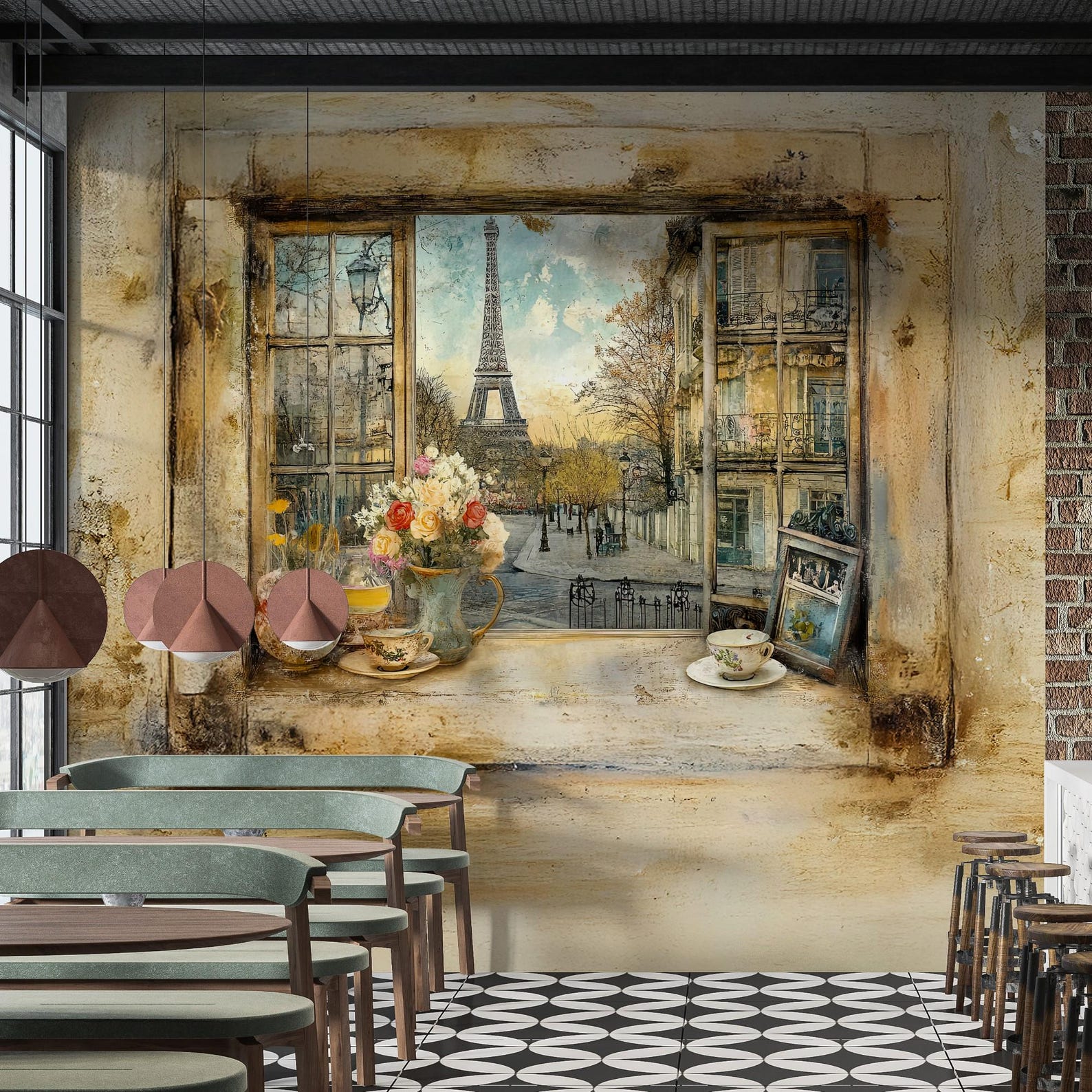 Paris Window View Wall Mural - Trompe Loeil Eiffel Tower Scene ...