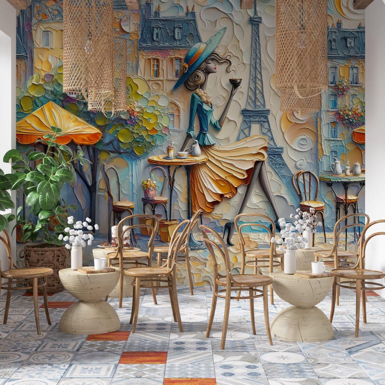 Whimsical Parisian Cafe Wall Mural - Artistic Eiffel Tower Scene ...