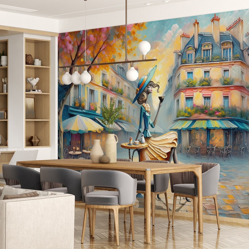 Parisian Cafe Scene Wall Mural - Artistic Painting Style Wallpaper ...