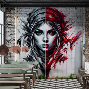 Urban Graffiti Wall Mural Fierce Red and White Portrait - Etsy