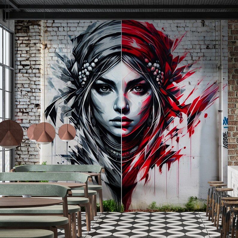 Urban Graffiti Wall Mural Fierce Red and White Portrait - Etsy