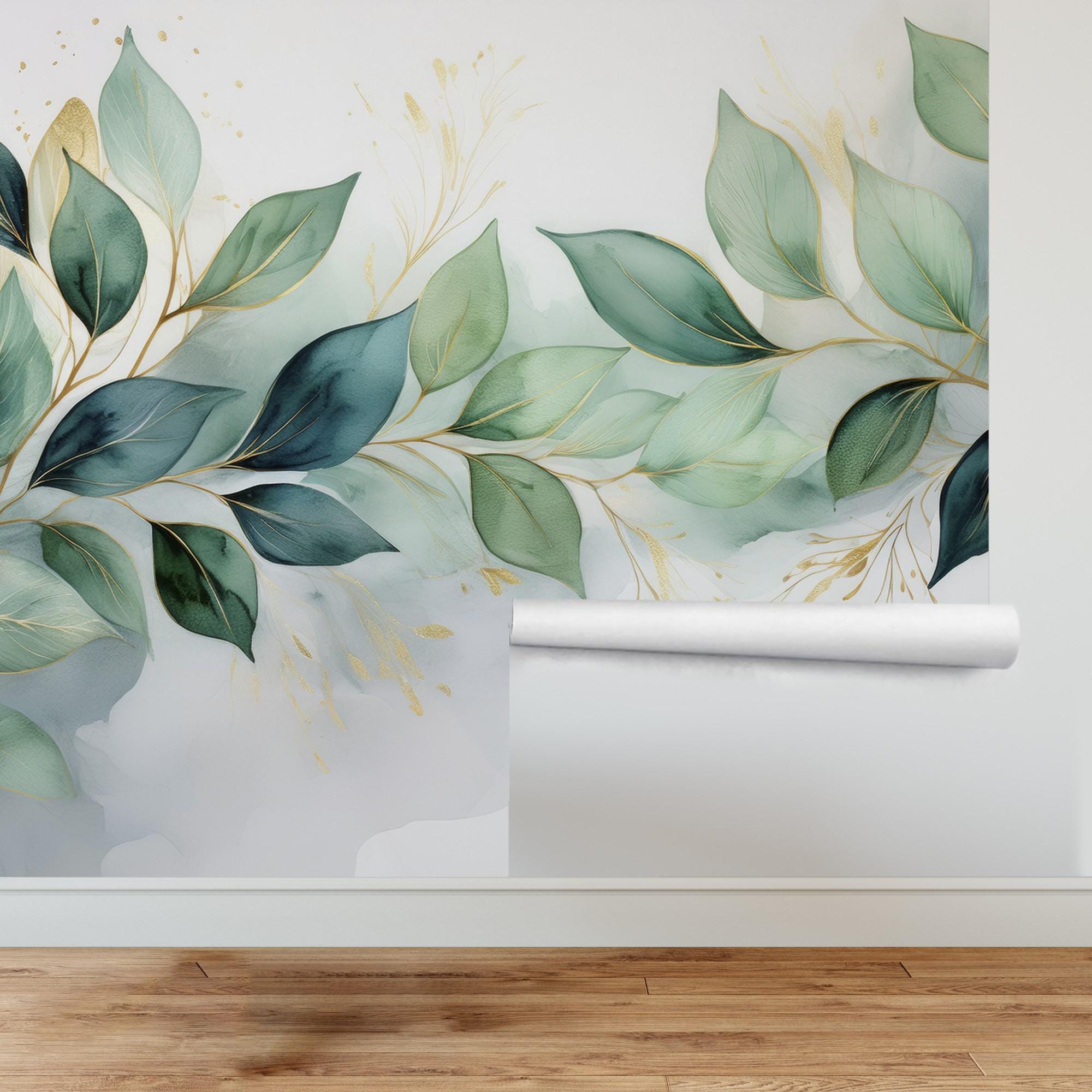Watercolor Botanical Leaves Mural - Green & Gold Accent Wallpaper ...
