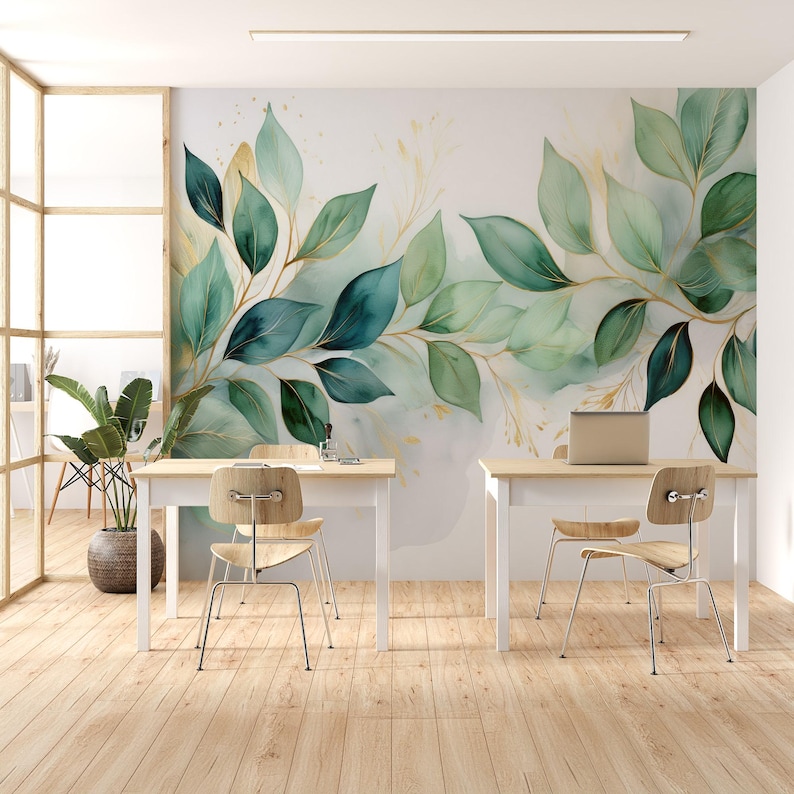 Watercolor Botanical Leaves Mural - Green & Gold Accent Wallpaper ...