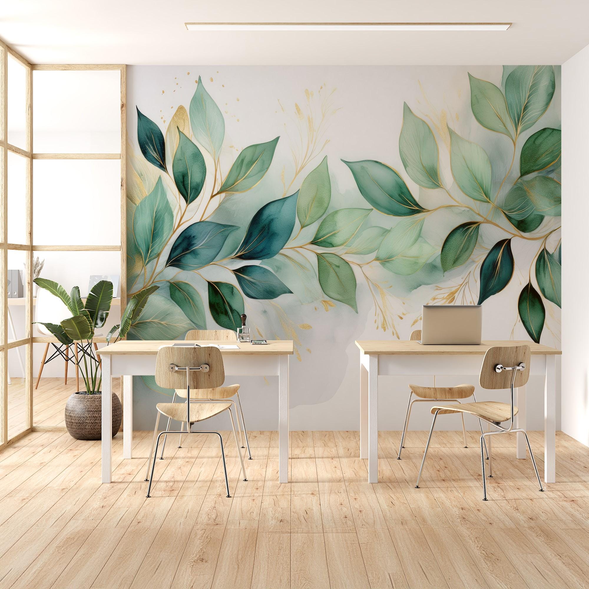 Watercolor Botanical Leaves Mural - Green & Gold Accent Wallpaper ...