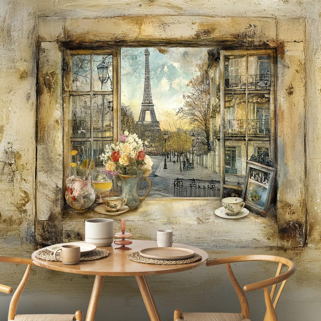 Paris Window View Wall Mural - Trompe Loeil Eiffel Tower Scene ...