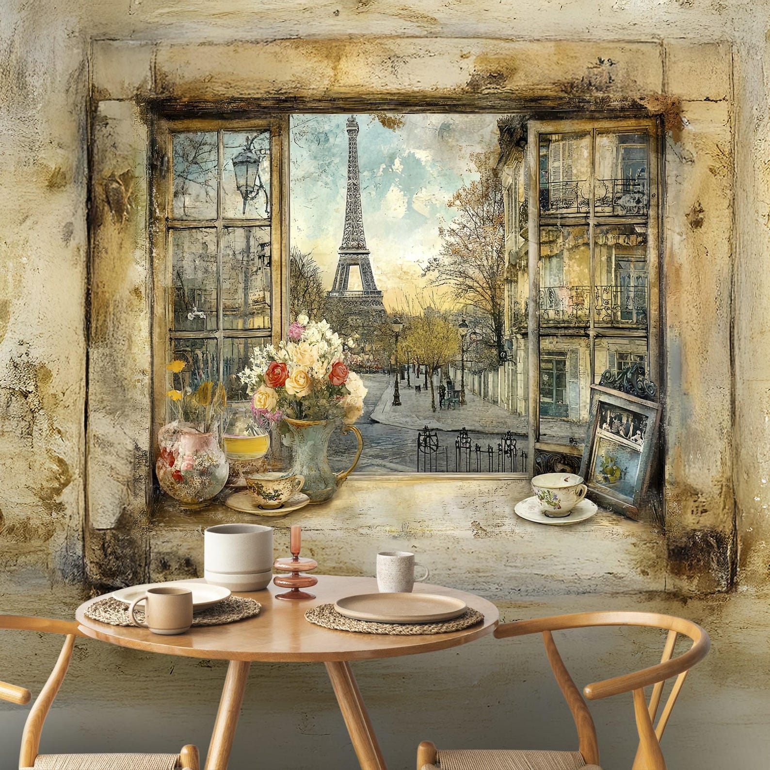 Paris Window View Wall Mural - Trompe Loeil Eiffel Tower Scene ...