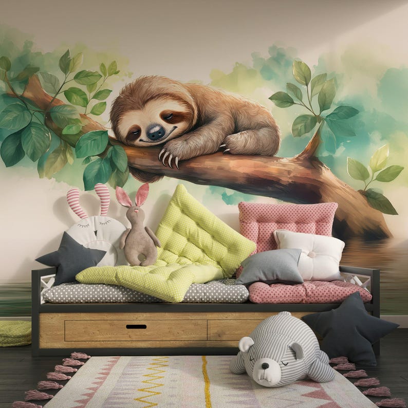 Adorable Sloth on Tree Branch - Kids Room Mural - Etsy