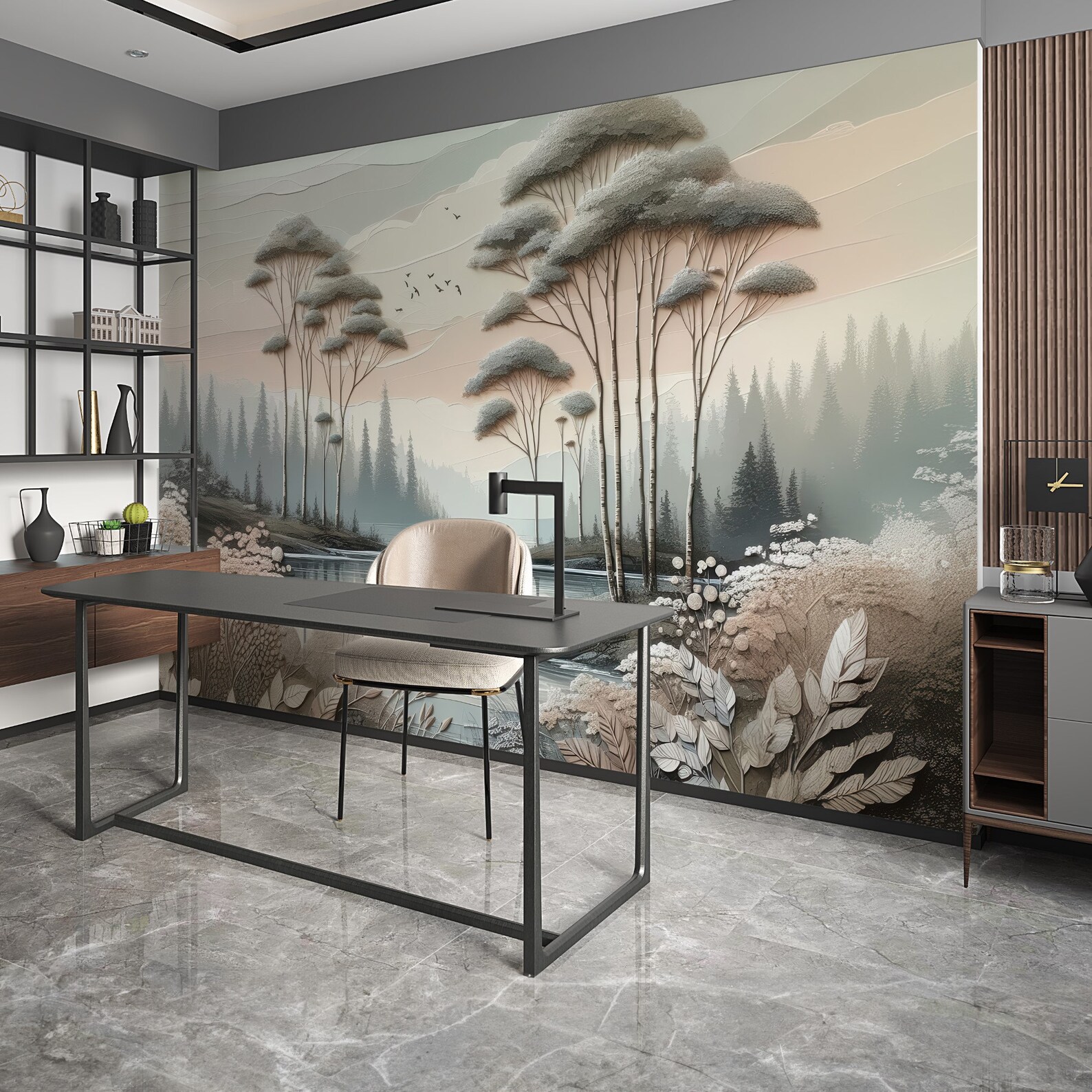 Serene Lake Landscape Mural - Stylized Tree Reflection Wallpaper - Calm ...