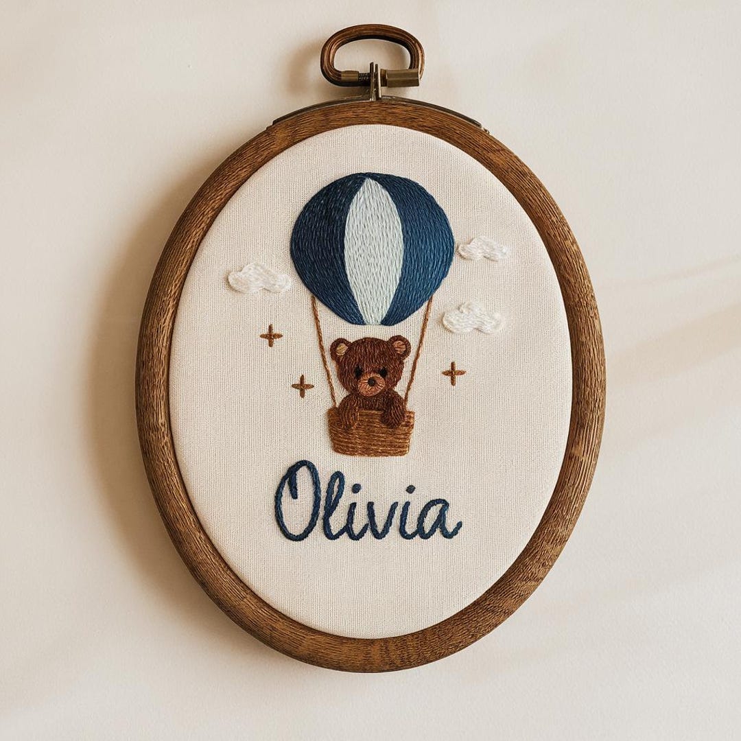 Hand Embroidered Baby Name Hoop: Bear in Hot Air Balloon, Nursery Decor ...