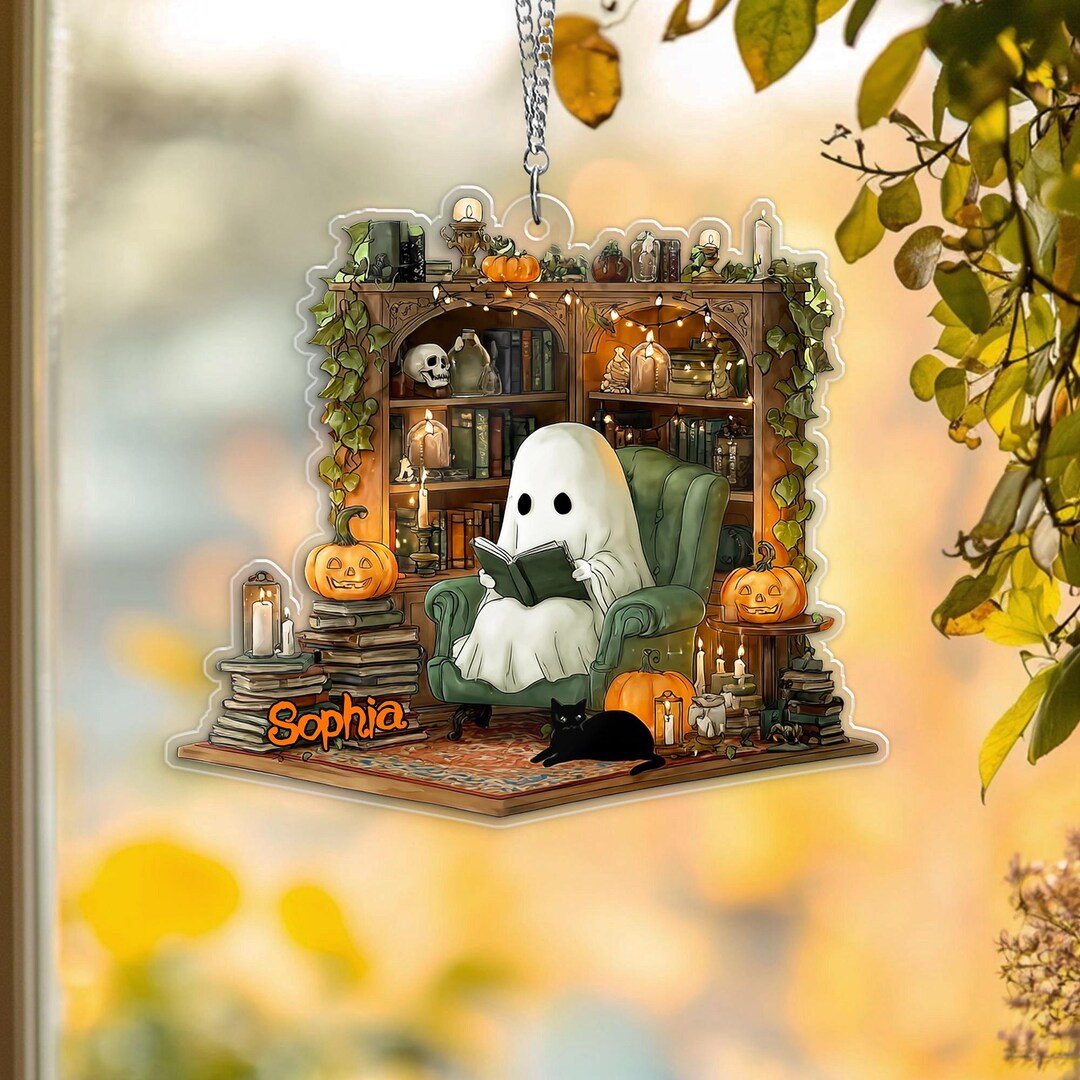 Personalized Ghost Reading Corner Acrylic Window Hanging, Cozy Ghost ...