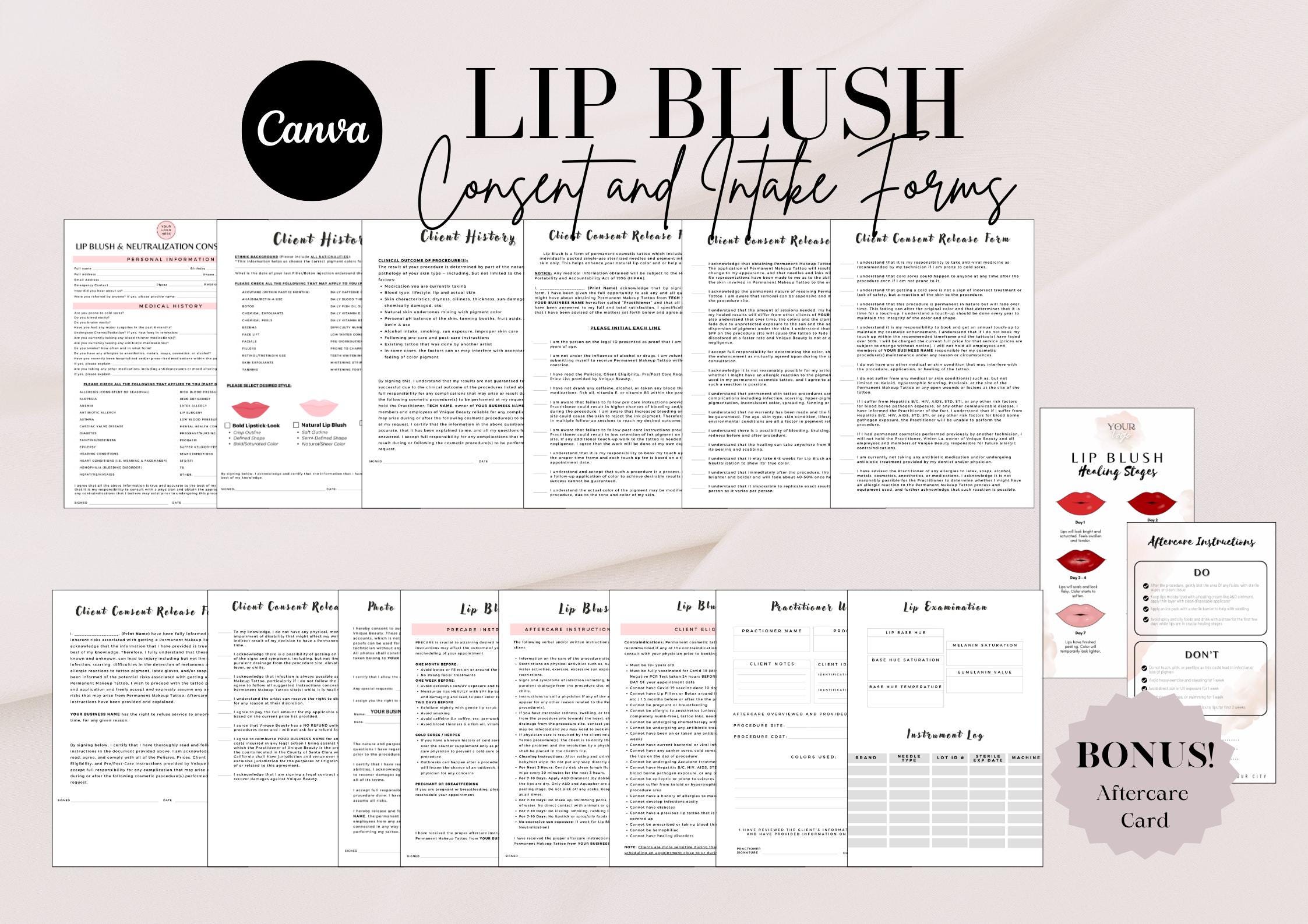 Lip Blushing Consent Form, Lip Blush Intake Form, Aftercare, Editable ...