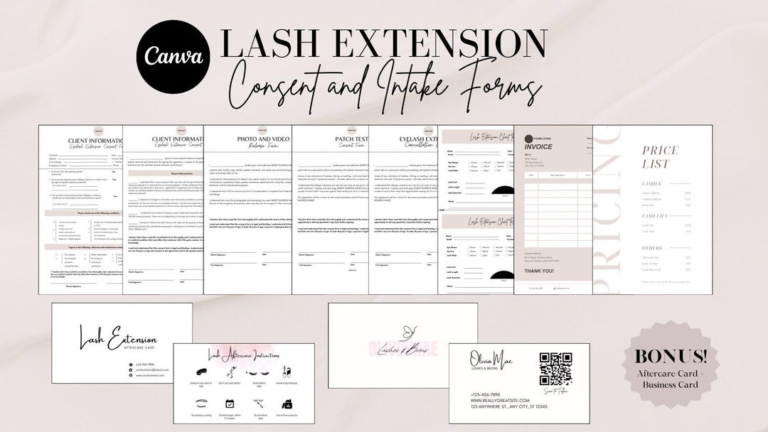 Lash Extension Consent Form, Lash Extension Intake Form, Client Record, Aftercare, Editable Lash ...