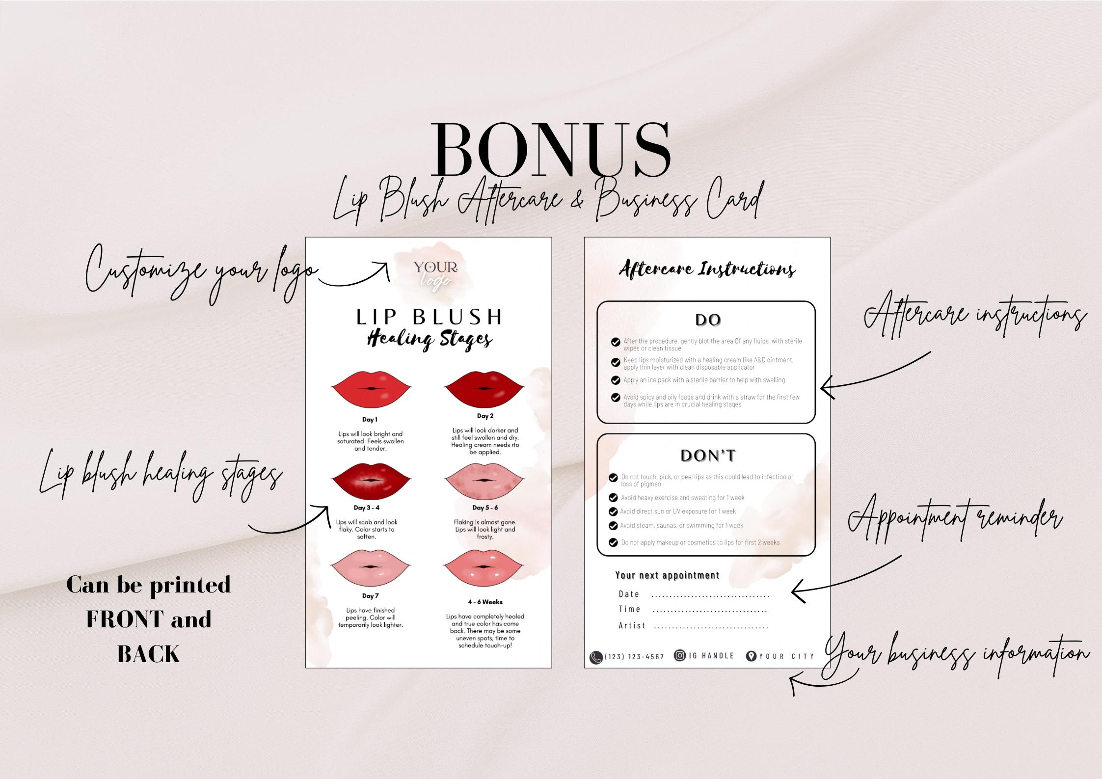 Lip Blushing Consent Form, Lip Blush Intake Form, Aftercare, Editable ...
