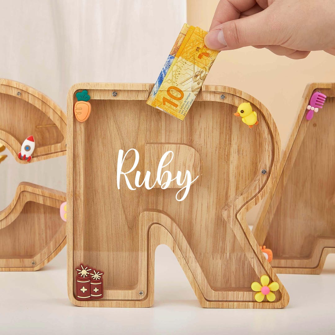 Personalized Wooden Letter Piggy Bank, Laser Engraved Name, Kids Coin ...