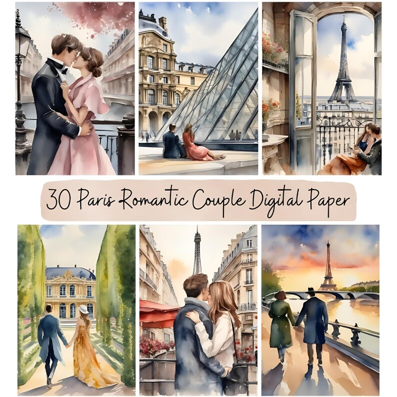 30 Paris Romantic Couple Digital Paper Eiffel Tower Love Theme ...
