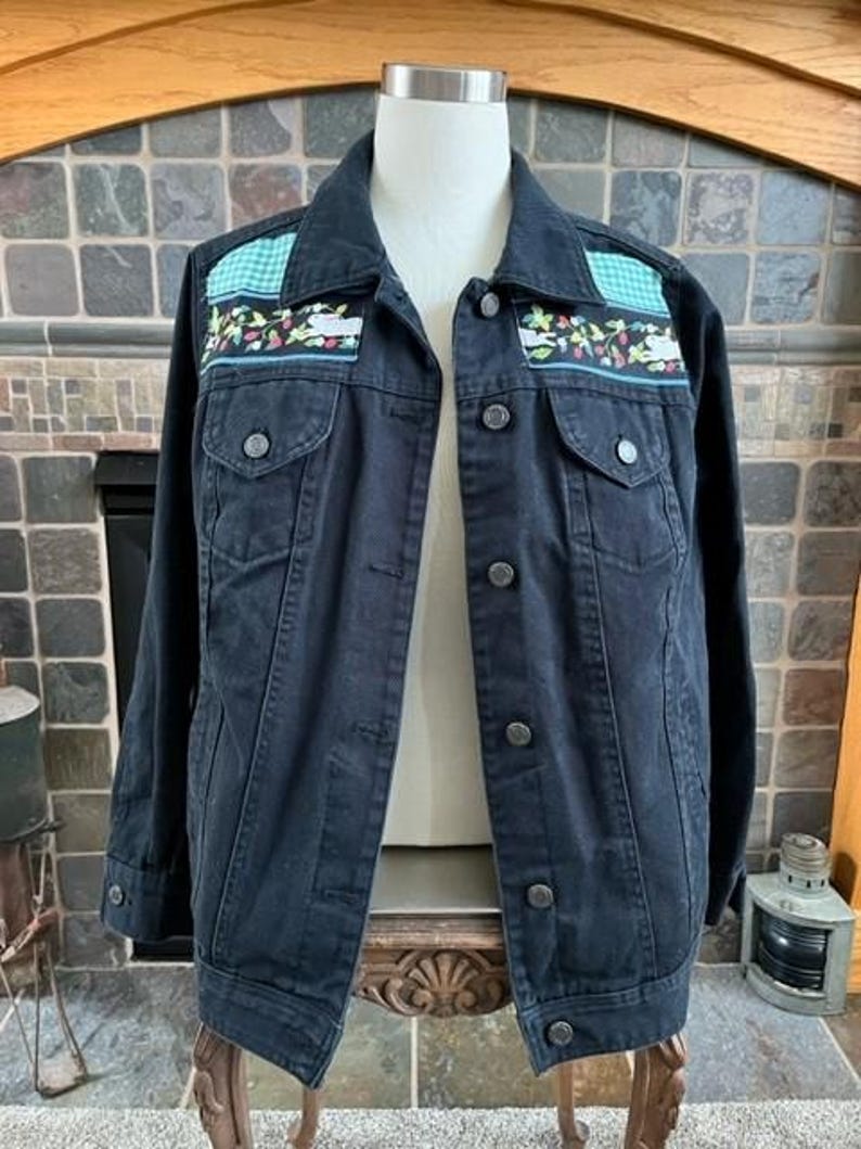 Upcycled Denim Jacket With Rabbits / Bunnies / Flowers, Size 16 - Etsy