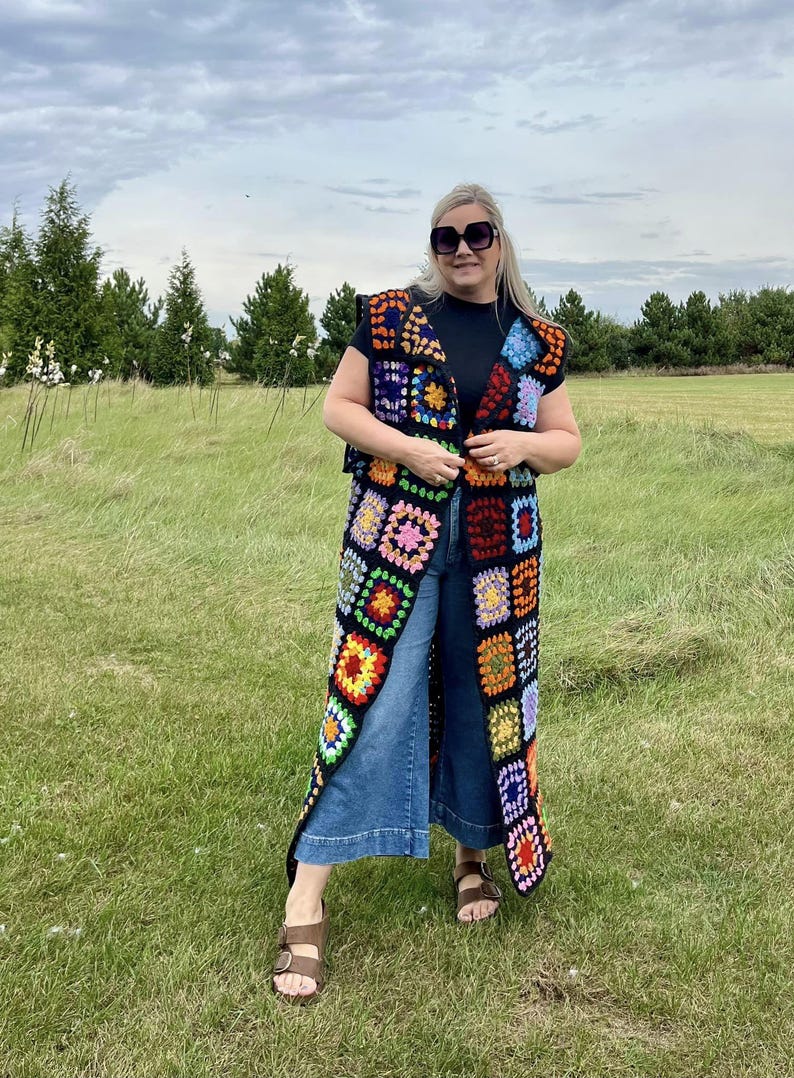 Upcycled Vintage Granny Square Long Vest Duster One Size - Etsy