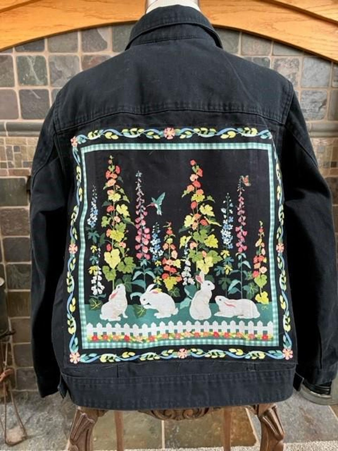 Upcycled Denim Jacket With Rabbits / Bunnies / Flowers, Size 16 - Etsy