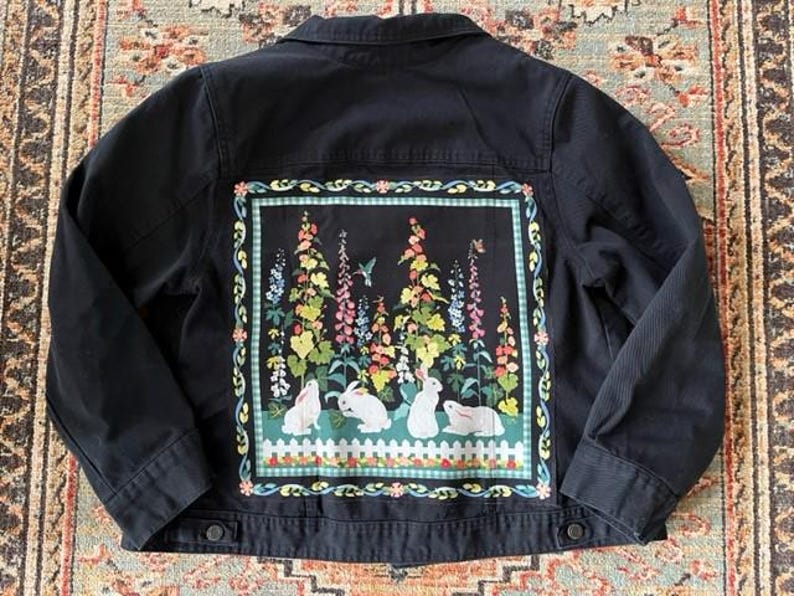 Upcycled Denim Jacket With Rabbits / Bunnies / Flowers, Size 16 - Etsy