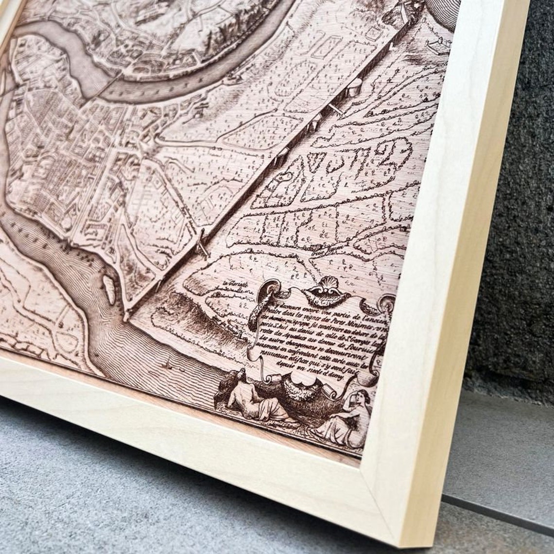 Wooden Vintage Map Lyon 40x50 Cm With Wooden Frame, Old Map of Lyon ...