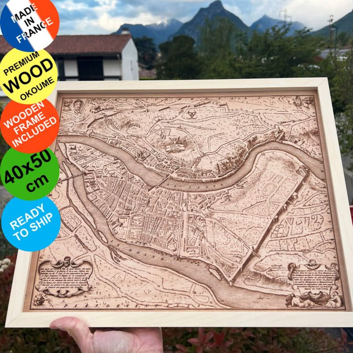 Wooden Vintage Map Lyon 40x50 Cm With Wooden Frame, Old Map of Lyon ...