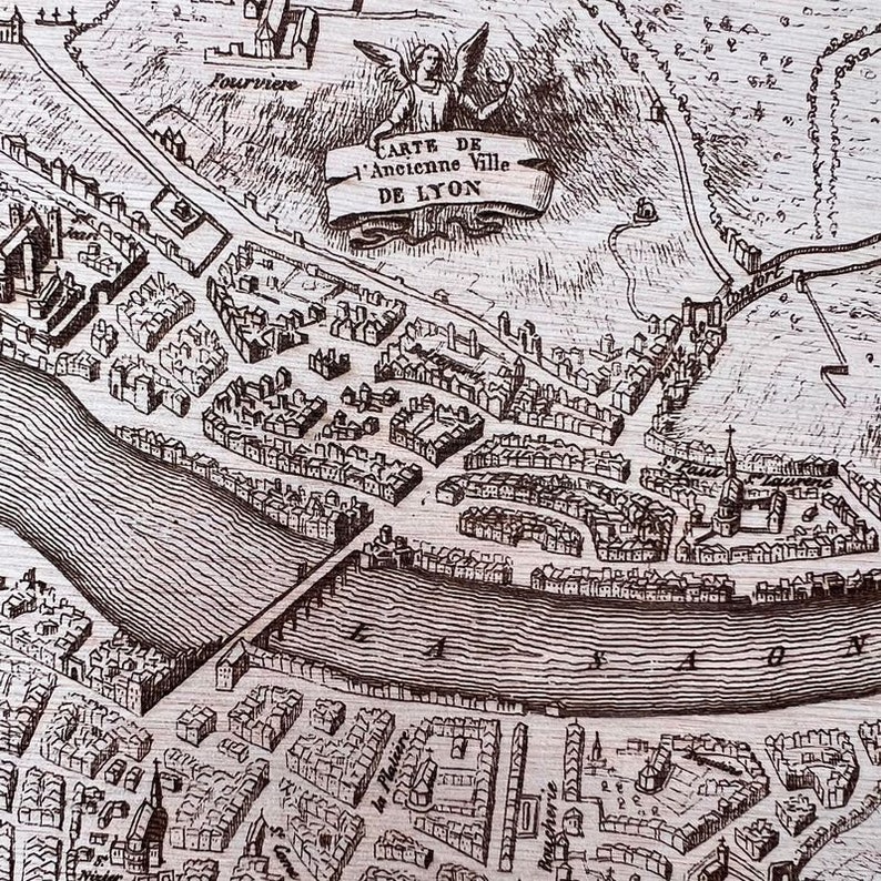 Wooden Vintage Map Lyon 40x50 Cm With Wooden Frame, Old Map of Lyon ...