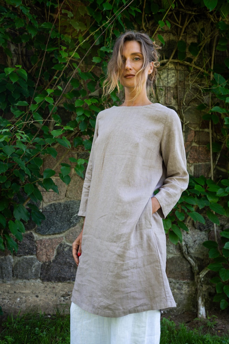 Linen Dress, Inset Pockets, Straight Silhouette JUDRA With Long Sleeves ...
